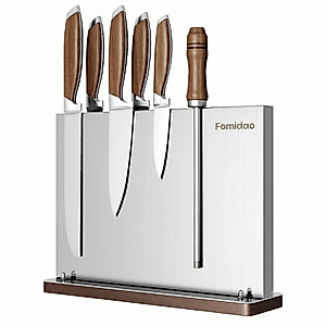 Magnetic Knife Block,Stainless Steel Magnetic Knife Holder Rack for Kitchen Counter,Strong Double Sided Magnet Knife Storage Stand with Wood Base
