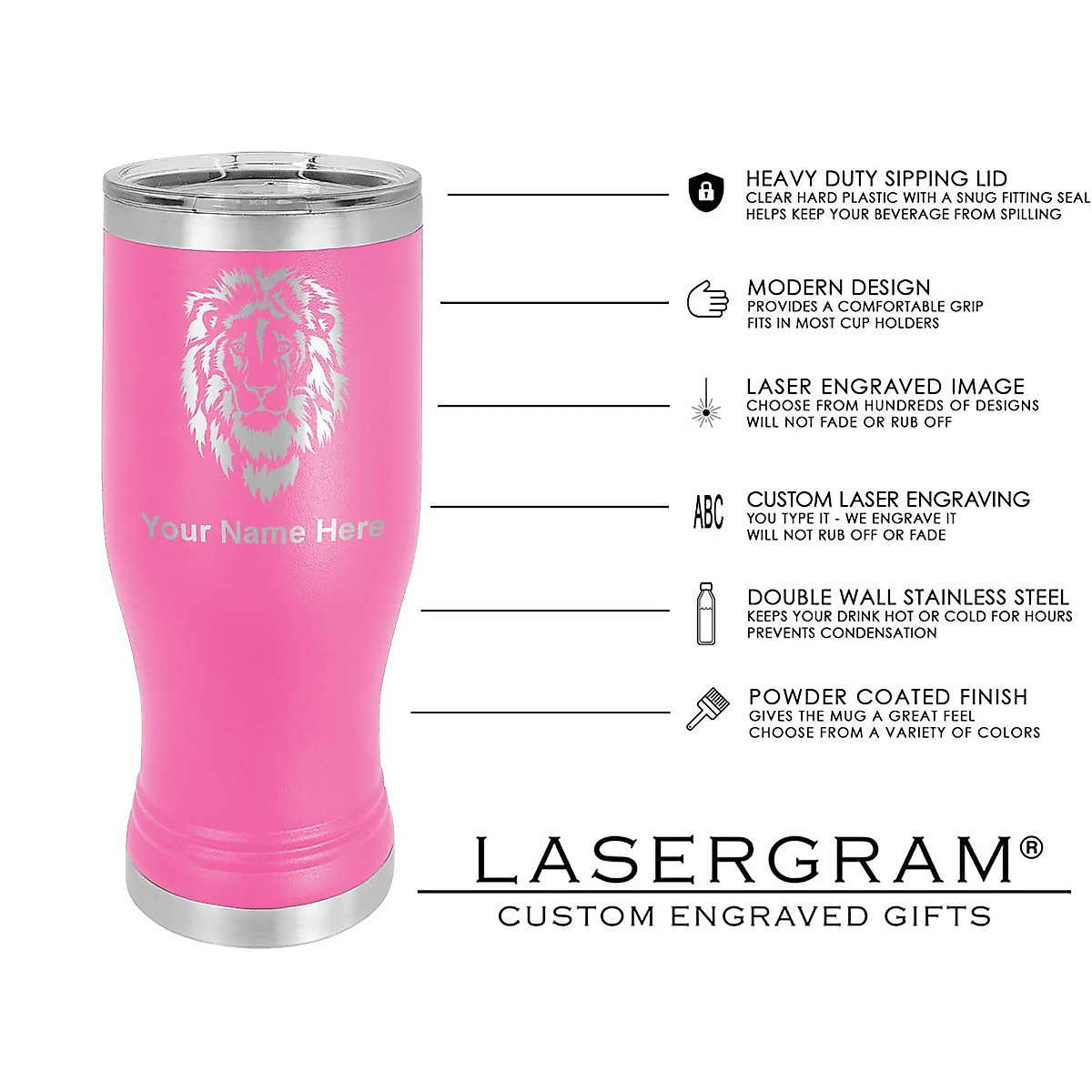 LaserGram 14oz Vacuum Insulated Pilsner Mug, Flag of Puerto Rico, Personalized Engraving Included (Pink)