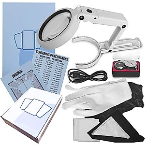 Sports Card Grading Kit Centering Tool, LED Magnifying Table Lamp for Handsfree, High Intensity Magnifying Loupe, Microfiber Cloth
