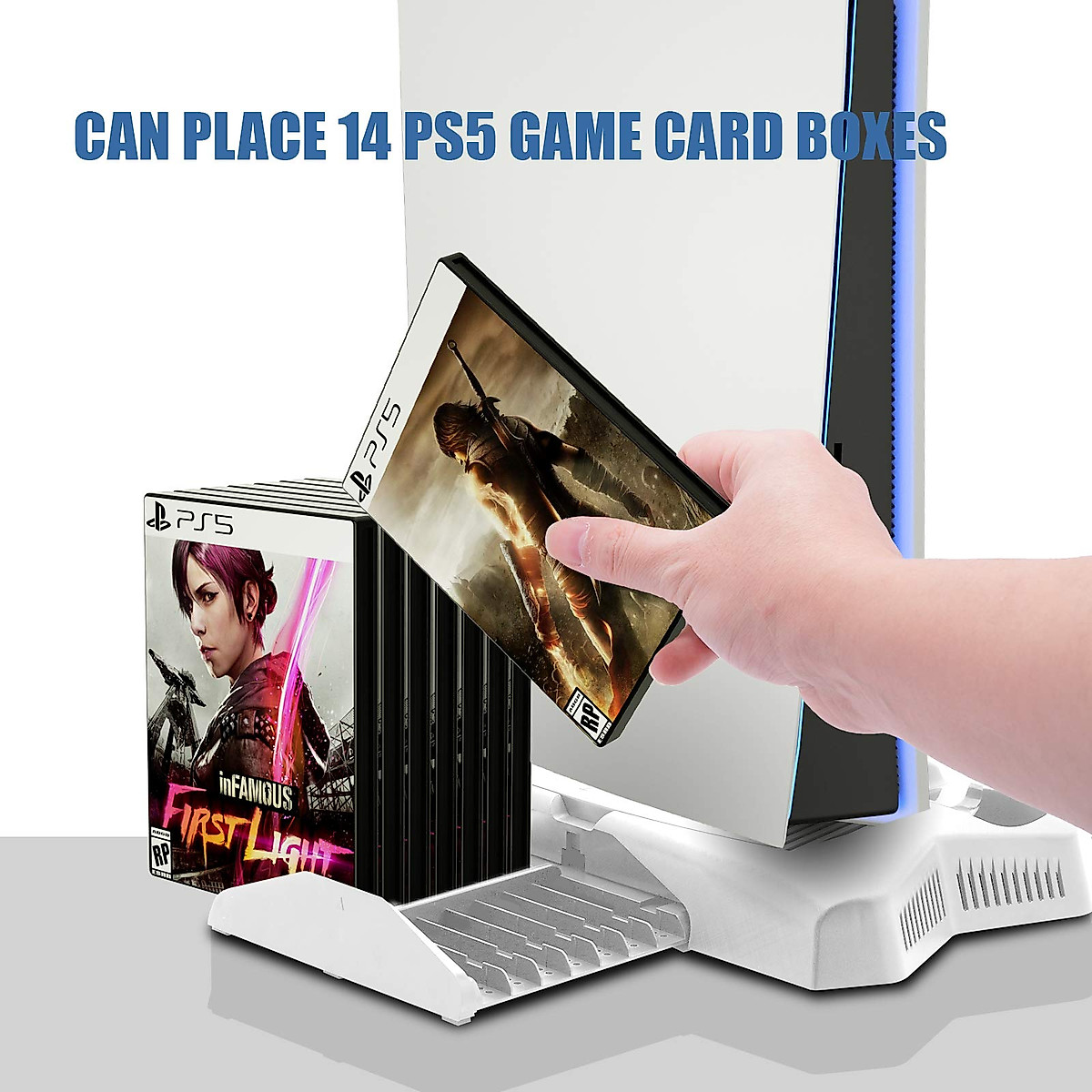 HEATFUN PlayStation 5 Charger, PS5 Stand with Cooling Fan and Controller Charger, Vertical Stand for PS5 Disc & Digital Editions, PS5 Stand with USB Ports and Game Rack - White