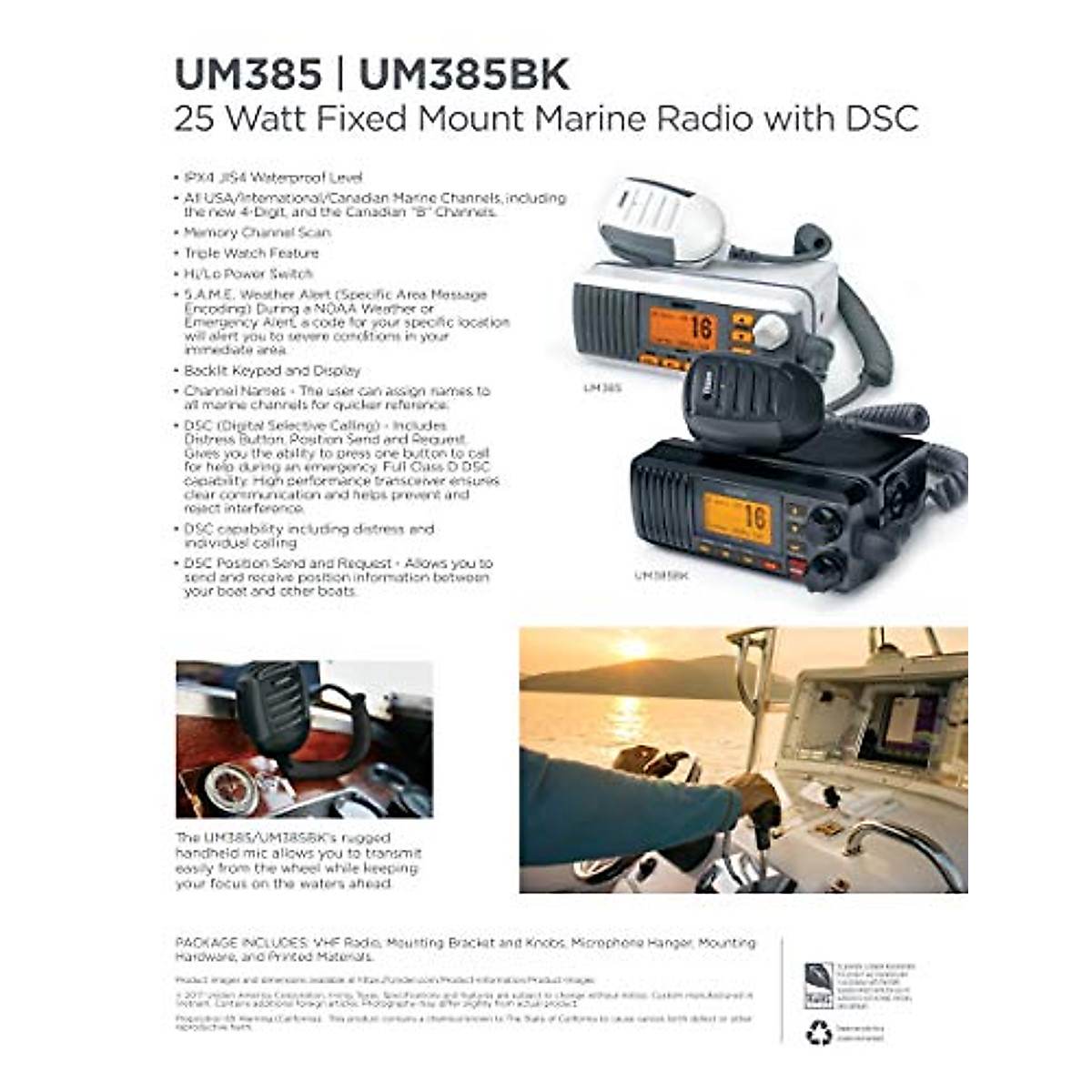 Uniden UM385BK 25 Watt Fixed Mount Marine VHF Radio, Waterproof, Noaa Weather Alert, All USA/Intl/Canadian Marine Channels