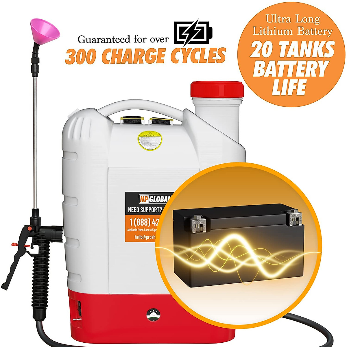 4.2 Gallon Battery Powered Backpack Sprayer - 8 Nozzles, 100PSI Cutoff Pressure, Long Battery Life, Wide Mouth, High-Pressure Spray Hose, Trigger Lock, Pressure Knob Controller