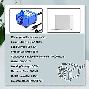 Cat Water Fountain Pump, Cirfifth Replacement Pump for Cat Fountain[DR-DC 160], Compatible with Multiple Pet Fountain