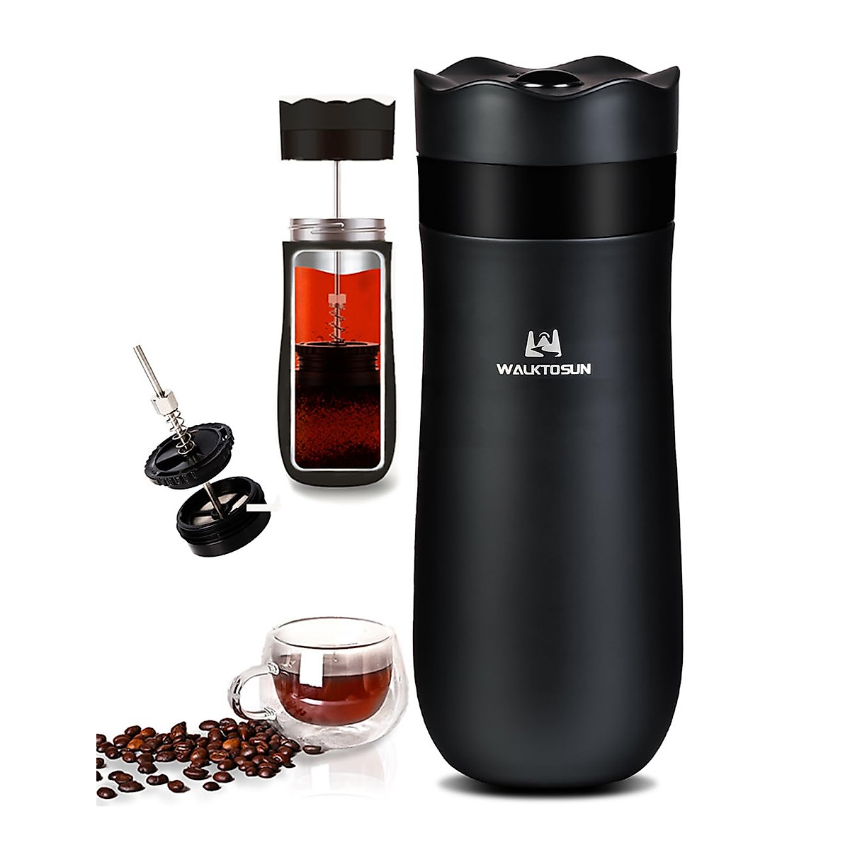 Portable French Press Travel Coffee Maker, Double Walled Stainless Steel Vacuum Insulated Coffee Maker and Tea Maker,12 Ounce, Mini Vacuum Mug Filter Coffee Cup for Travel (Black)