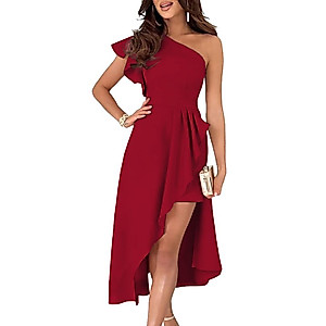 Dokotoo One Shoulder Dresses for Women Elegant Ruffle Empire Waist Asymmetrical Hi-Lo Hem Solid Zipper Up Bodycon Party Wedding Guest Midi Semi Formal Dresses Red Large