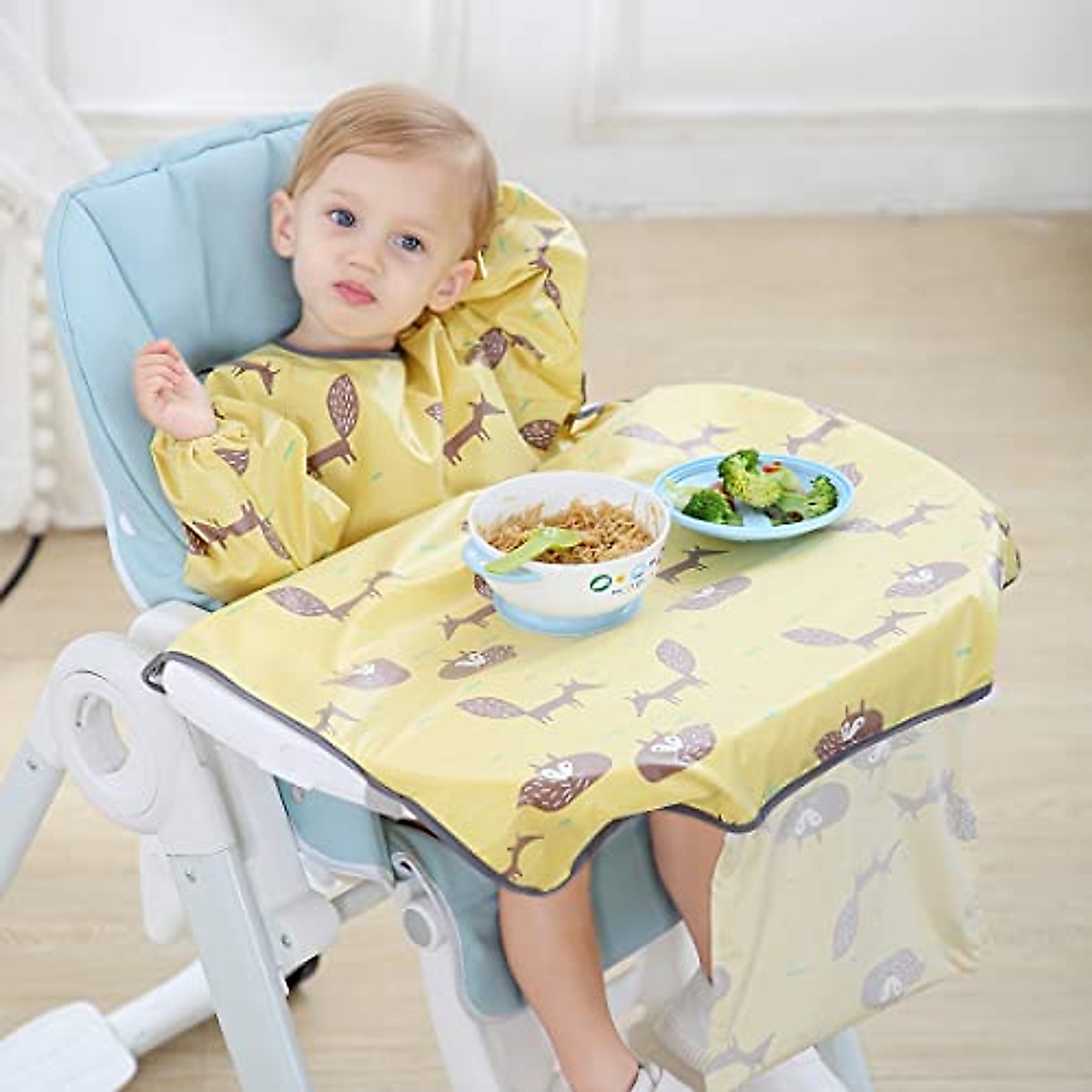 Jarafom Baby Weaning Bibs anti-dirty Highchair Waterproof Sleeved Bib Set Stain Odor Resistance Play Smock Apron 6-36 Months (long sleeves - Yellow fox)