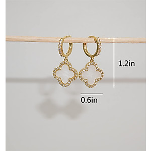 XUDEJUN Gold Plated 925 Sterling Silver Gem Hoop Earrings Clover Designs with Crystal Charms Crystal Natural Gemstone Dangle Earrings for Women（Butterfly shellfish White）…………