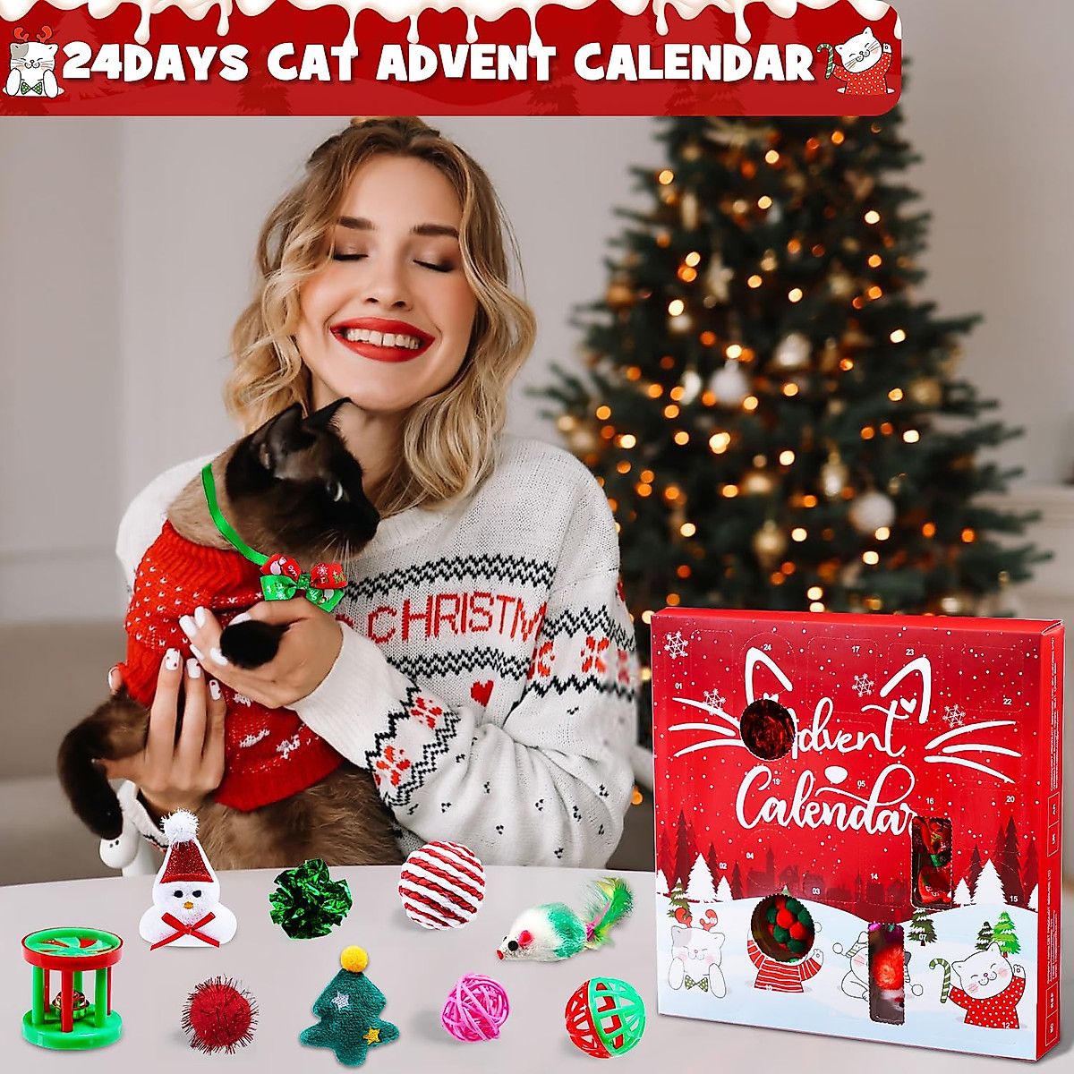 Cat Advent Calendar 2024, Christmas Countdown Calendar for Kitten with 24pcs Assorted Cat Christmas Toys Variety Pack Kitten Interactive Play Xmas Gifts