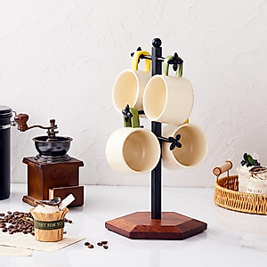 Coffee Mug Holder, Wooden Base Mug Tree for Counter, Unbreakable Metal Coffee Cup Holder with 6 Hooks, Non-Slip Coffee Mug Rack for Home Storage and Organizer, Coffee Mug Rack (Black)