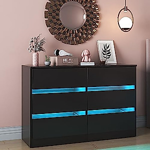 Gdvsclr 6 Drawer Double Dresser, Bedroom Dresser with LED Light, Wood Dresser for Nursery, Living Room, Hallway, Handless Design, 47.2''W×15.7''D×30.2''H (Black)