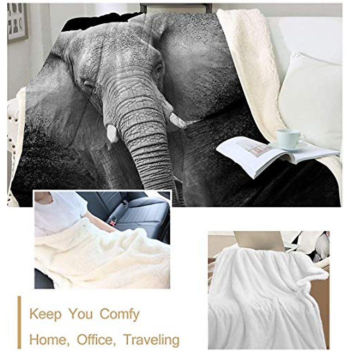 Sleepwish Elephant Blanket African Elephant Throw Blankets Black and White Soft Elephant Fleece Blanket Vintage Elephant Sherpa Blanket Elephant Lover Gifts for Kids Adults Women Men (50" x 60")
