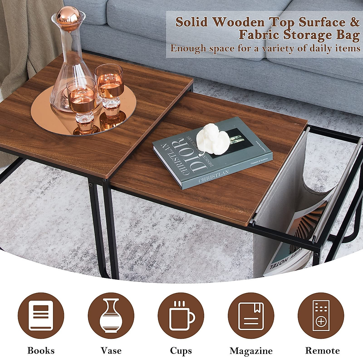 Giantex Nesting Coffee Table Set of 2, Stackable Side Table w/Side Pocket, Accent Nightstand, Industrial End Table w/Steel Frame for Living Room Bedroom Office, Easy Assembly, Rustic Brown