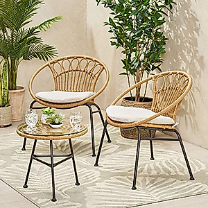 Christopher Knight Home Grace Outdoor 3 Piece Wicker Chat Set, Light Brown, Beige, and Black