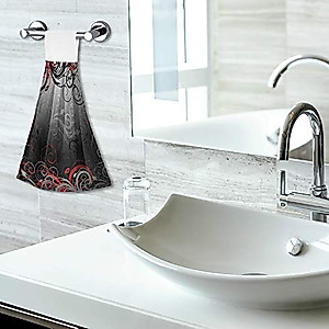 Oyihfvs Red Black Grey Floral Leaf Swirl Abstract Background 2 Pcs Hanging Kitchen Hand Towels, Hanging Tie Towels with Hook & Loop Dishcloths Sets, Decorative Absorbent Tea Bar Bath Hand Towel