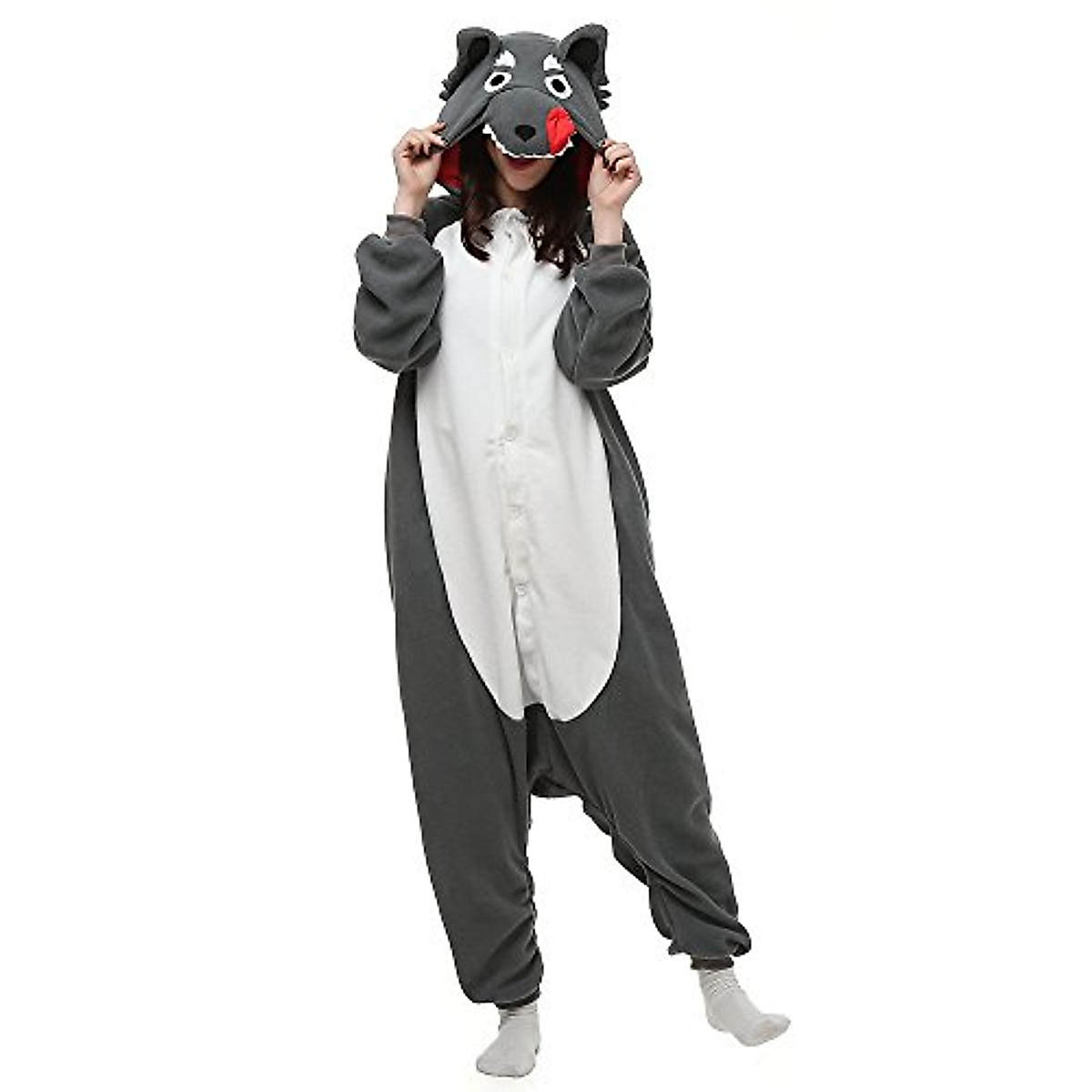 YAMENG Gray Wolf Onesie Adult For Women Men Animal Pajamas Cosplay Sleepwear Costume Cartoon Outfit（Large）