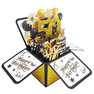 Asmallgf Premium 50th Birthday Popup Card with Envelope & Note, Cool Funny Fifty Bday 3D Greeting Card for Men Women, Unique 50 Year Old Birthday Gifts for Sister Brother