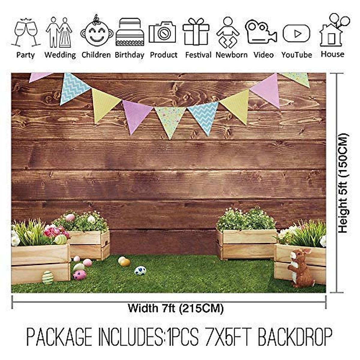 Allenjoy 7x5ft Fabric Spring Easter Backdrops for Girls Photography Wrinkle Free Happy Bunny Rabbit Green Grass Brown Wooden Wall Baby Shower Kid Newborn Portrait Background Photo Studio Shooting