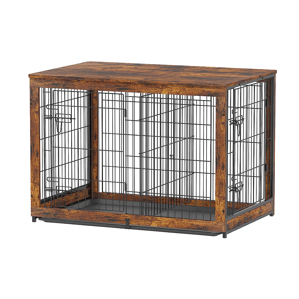 Piskyet Wooden Dog Crate Furniture with Divider Panel, Dog Crate End Table with Fixable Slide Tray, Double Doors Dog Kennel Indoor for Dogs(XL:43.2" L * 28.6" W * 30.3" H,Rustic Style)