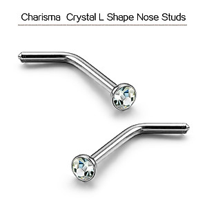 Charisma Small Nose Studs Stainless Steel Curved Nose Stud Bend L Shape Nose Ring Screw Piercing Jewelry Tiny Bone Studs for Women Men Hypoallergenic 20G (10pcs,Clear CZ, L-shape,1.8mm)