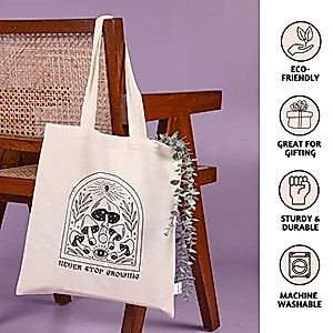 Folkulture Canvas Tote Bag with Zipper for Women | 16" x 15", 100% Cotton Reusable Grocery Bag with Pocket, Tote Bag Aesthetic for Men & Teens | Tote Bags for Work Travel Shopping (Never Stop Growing)