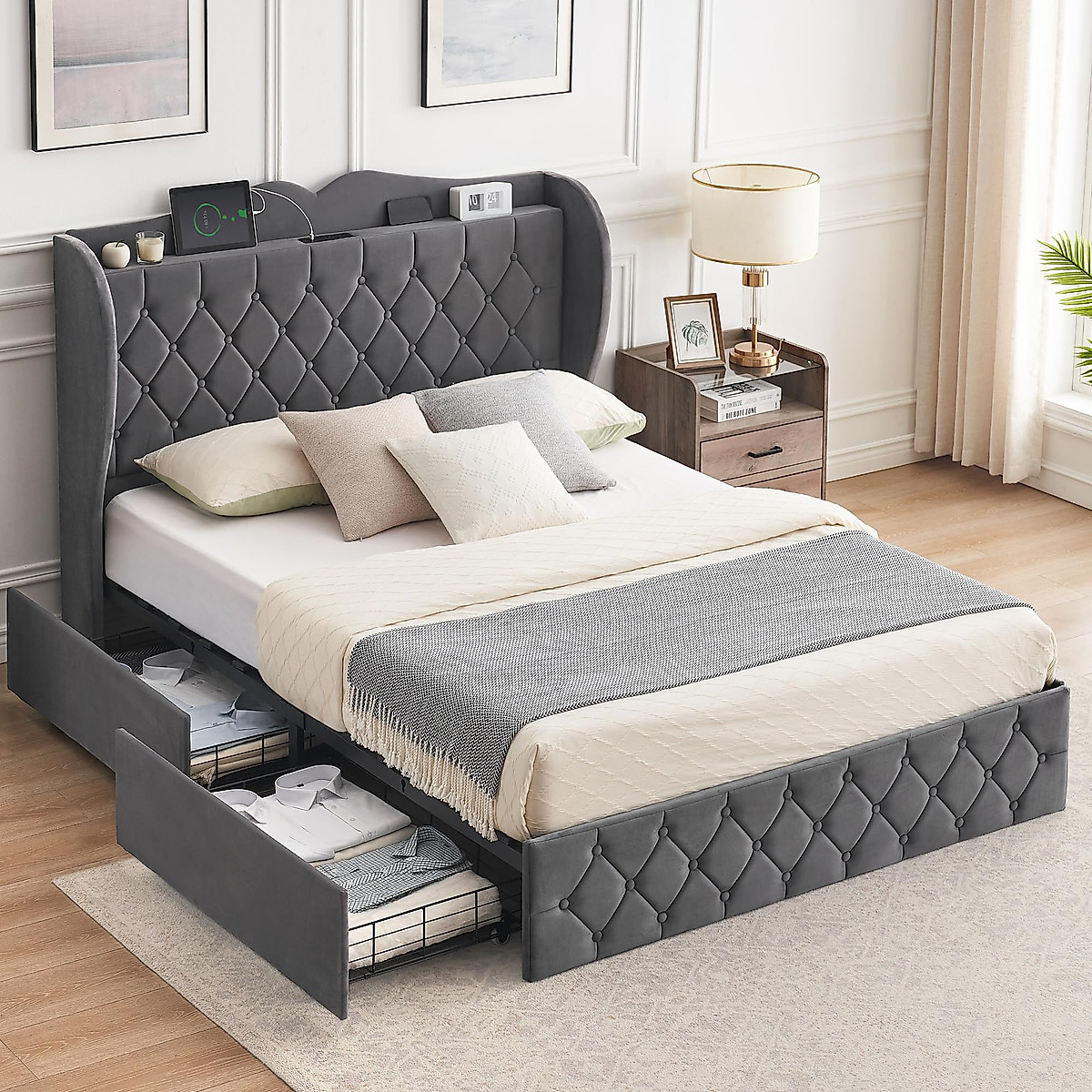 GAOMON Queen Size Bed Frame with 4 Storage Drawers and Charging Station, Velvet Upholstered Platform Bed with Tall Headboard and Storage Shelf, Wooden Slats Support, No Box Spring Needed, Grey