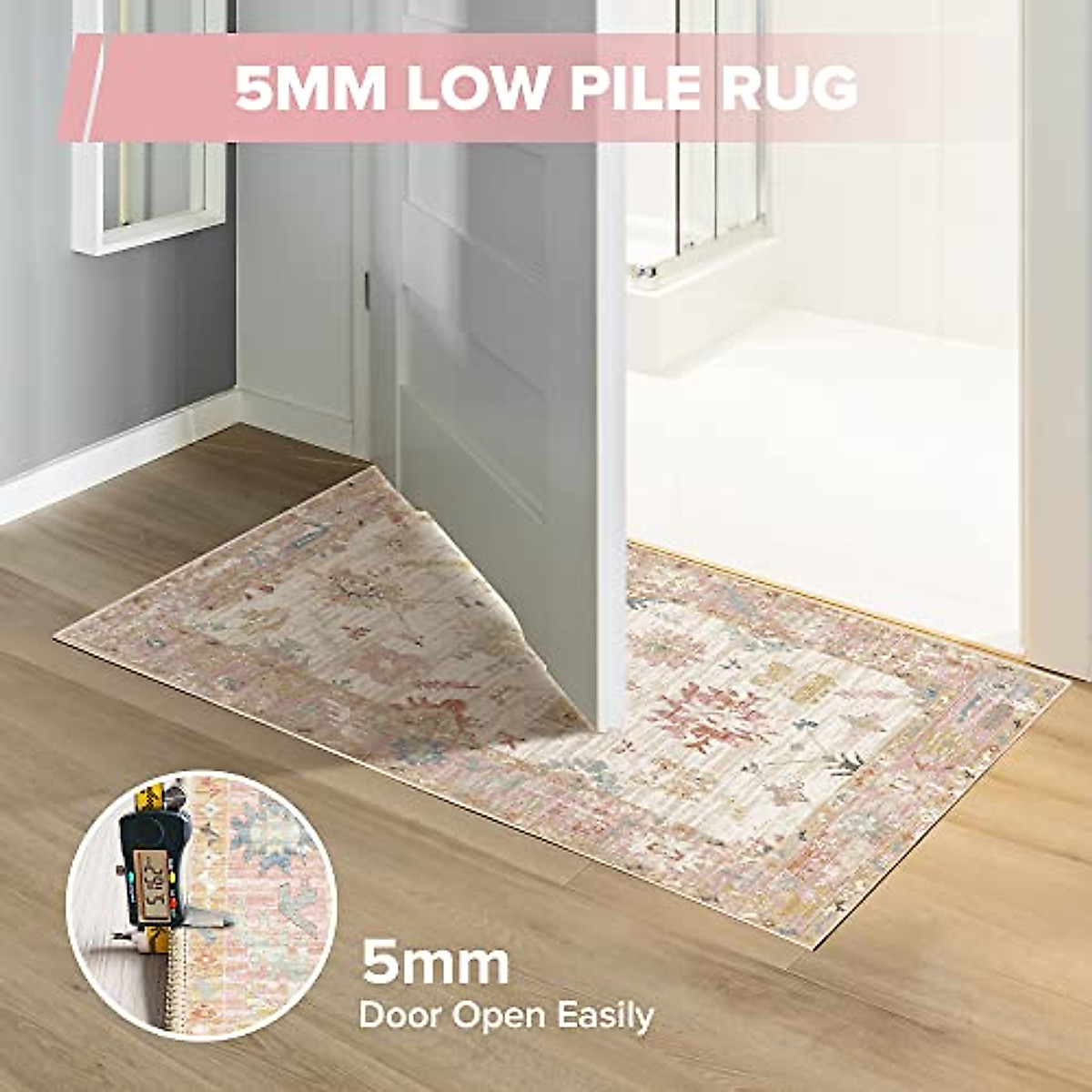 Pajata 5X7 Machine Washable Floral Boho Area Rug Non-Slip, Non-shed, Stain Resistant, Distressed for Bedroom Kitchen and Living Room (Orange)