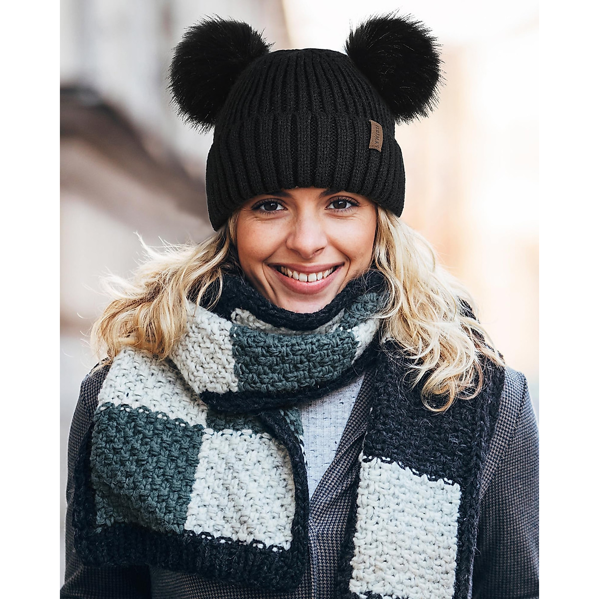 FURTALK Fleece Lined Cute Winter Beanie Hats for Women Girls Warm Knit Hats with Double Faux Fur Pom Poms