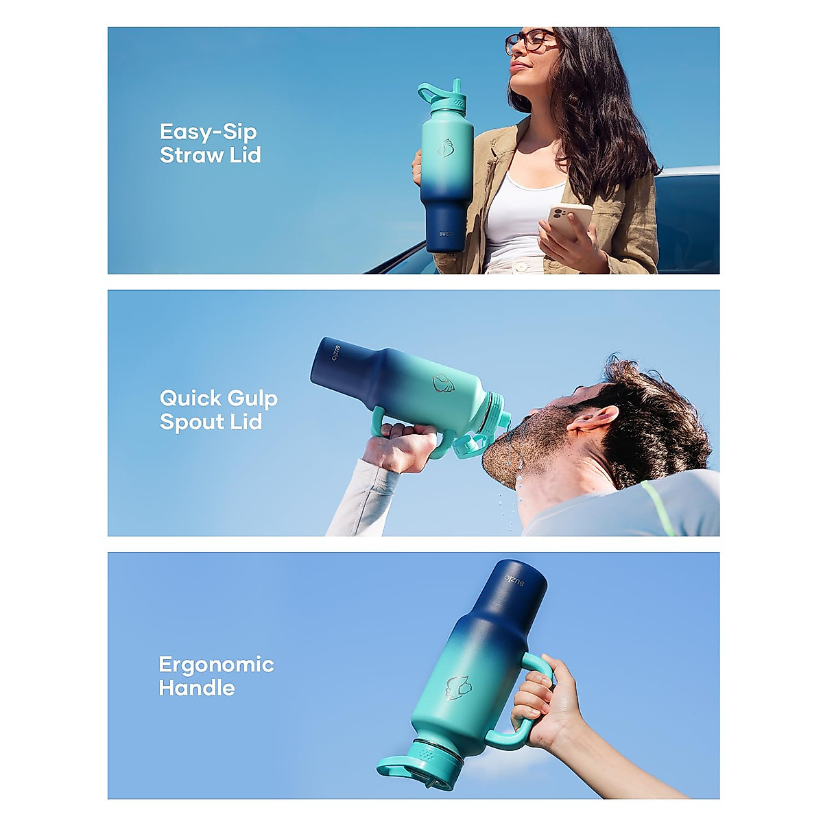 BUZIO 40 oz Tumbler with Handle and Straw, Stainless Steel Insulated Water Bottle Fits in Cup Holder with Straw & Spout Lid, Leak-Proof BPA-Free Travel Mug Keep Cold 48hrs &Hot 24hrs, Caribbean Blue