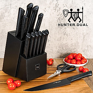 HUNTER.DUAL Knife Sets for Kitchen with Block, HUNTER.DUAL 15 Piece Knife Set with Built-in Sharpener, Dishwasher Safe, German Stainless Steel, Elegant Black