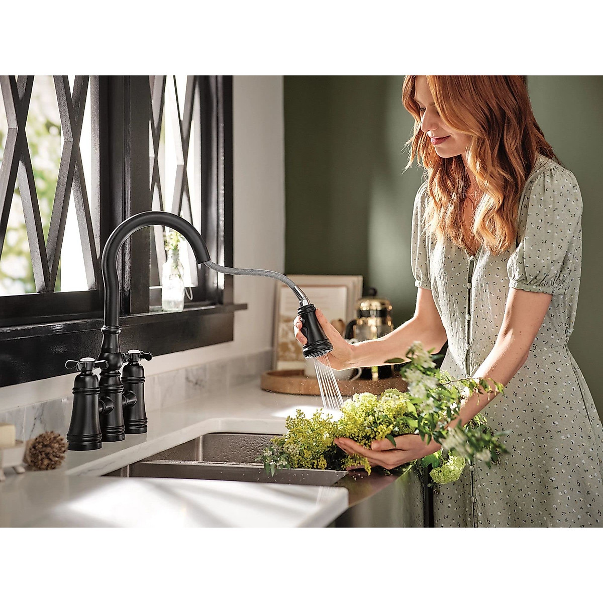 Moen S73204BL Weymouth Two Handle Pulldown Bridge Kitchen Faucet, No Size, Matte Black