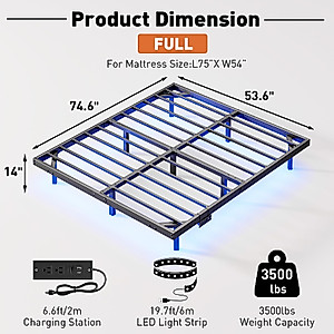 AGXI Floating Bed Frame Full Size with LED Lights and Charging Station, 14 Inch Floating Bed Frame Full- Modern Full Size Bed Frame Easy Assembly No Box Spring Needed