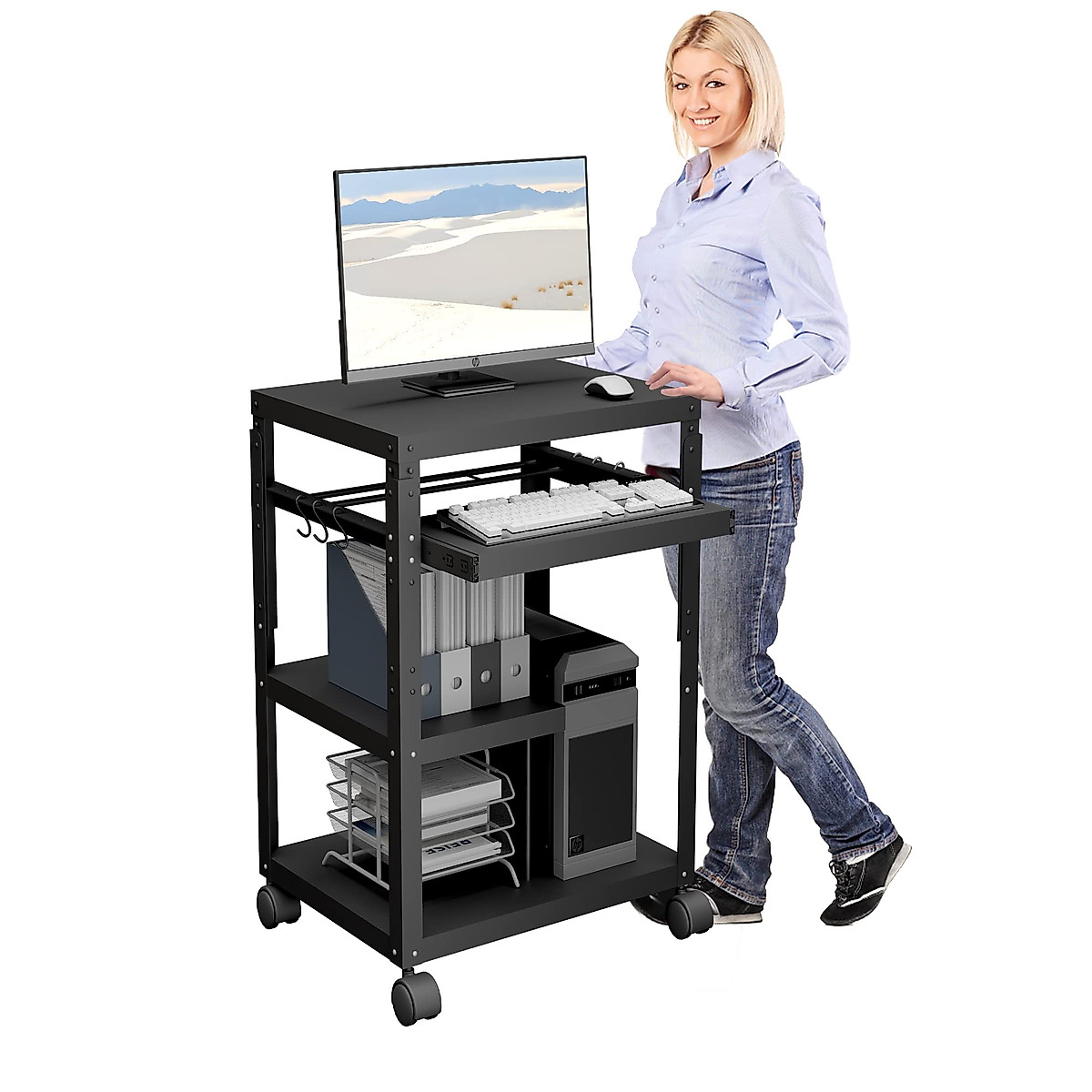 tonchean AV Presentation Cart with Keyboard Tray, Heavy Duty Mobile Workstation Presentation Cart for Video Projector, Laptop Computer, Media Cart for School Classroom Office（Black）