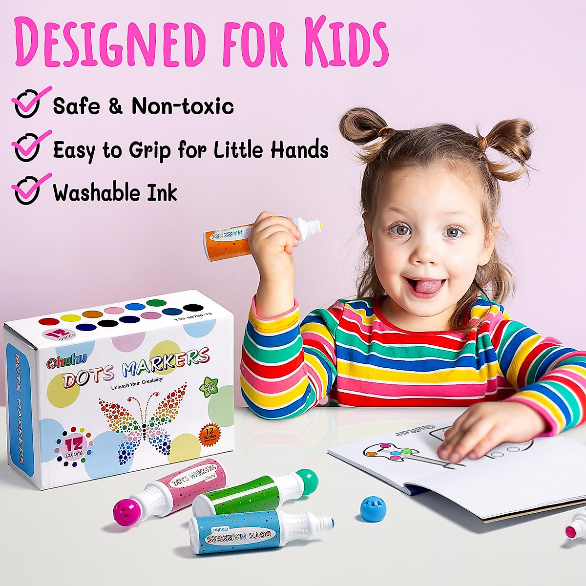Ohuhu Washable Dot Markers for Toddler 12 Colors Bingo Daubers 40 ml (1.41 oz) with 30 Pages Kids Activity Book for Kids Children (3 Ages +) Preschool Non-Toxic Water-Based Dot Art Markers