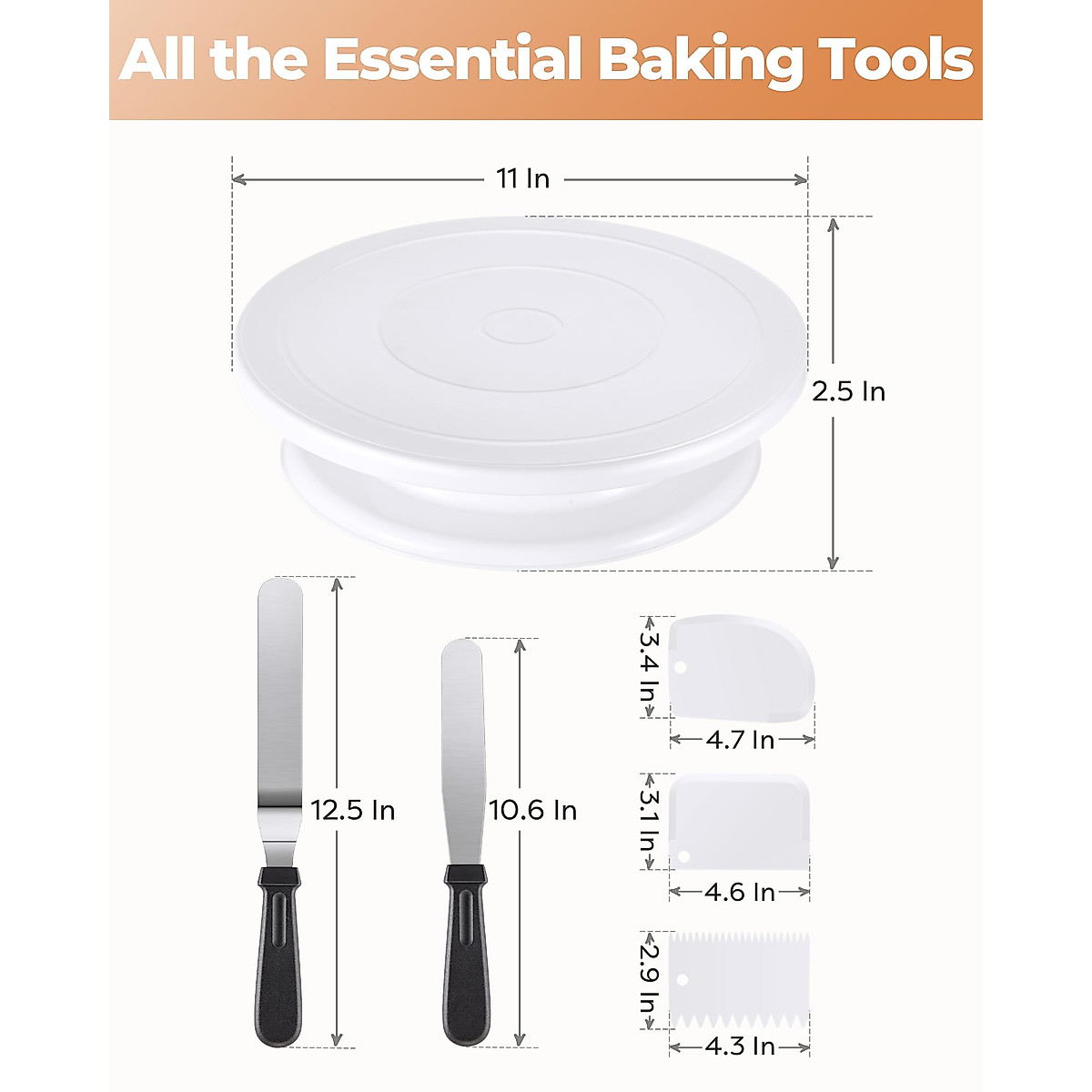 Kootek 11 Inch Rotating Cake Turntable with 2 Icing Spatula and 3 Icing Smoother, Revolving Cake Stand White Baking Cake Decorating Kits Supplies
