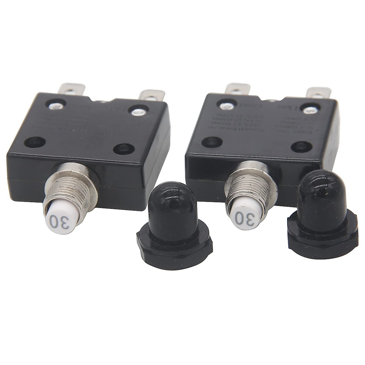 ZOOKOTO 2PCS 30A DC50V AC125-250V Push Button Reset Circuit Breakers with Quick Connect Terminals and Waterproof Button Black Cap