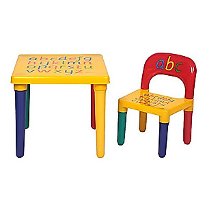 Table and Chair Set, Toddler Alphabetic Learning Activity Desk, Multicolor Children Letter Table Chair Set, Yellow & Red
