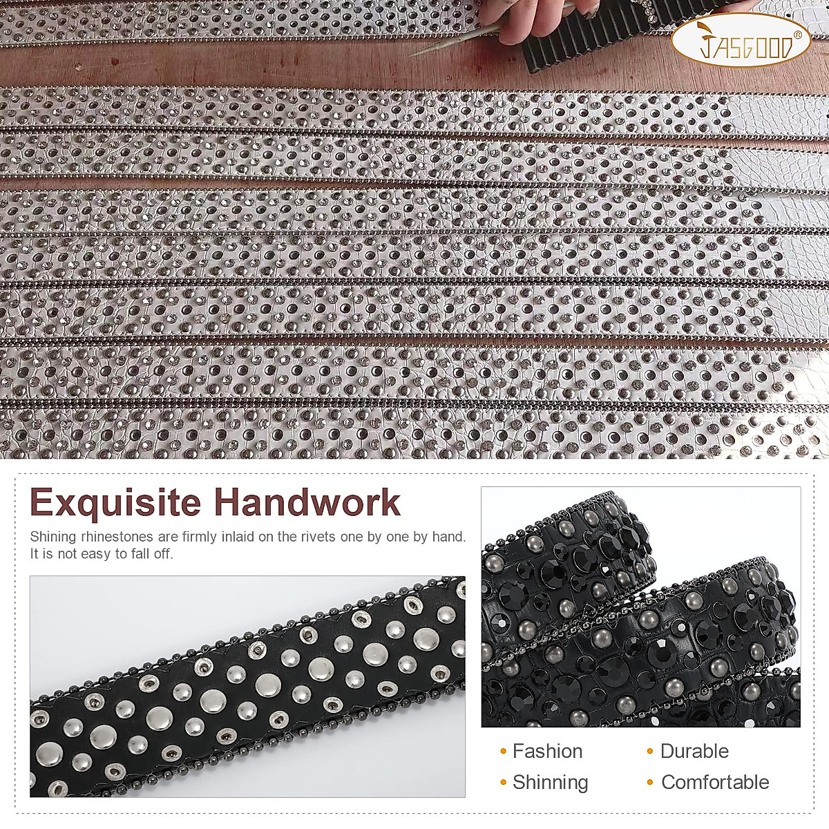 JASGOOD Cowboy Cowgirl Rhinestone Belt for Jeans, Men and Women Crocodile Grain Leather Studded Belt, E-Black, Suit Pants Size 33"-38"