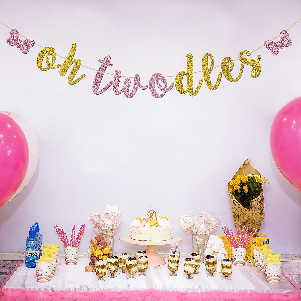 INNORU Oh Twodles Banner - Happy 2nd Birthday Party Decor for Girls - Cartoon Mouse Theme 2nd Birthday Party Decorations Supplies, Pink & Gold Glitter