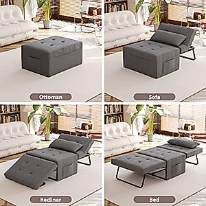 Iroomy Sofa Bed Sleeper Chair with Pillow, Convertible 4 in 1 Multi-Function Adjustable Recline Linen Guest and Folding Multifunctional Ottoman Foldable Bed for Small Spaces (Dark Grey)