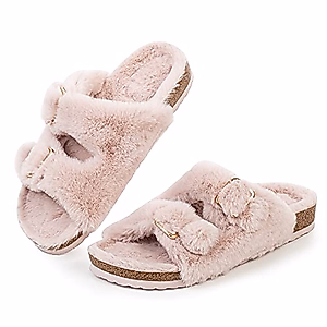 FITORY Womens Open Toe Slipper with Cozy Lining,Faux Rabbit Fur Cork Slide Sandals Pink Size 8