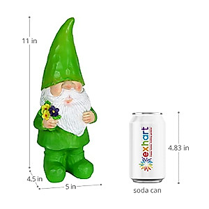 Exhart Solar Green Woodland Garden Gnome Statue, LED Hat, Durable Resin, Cute Yard Décor, 5”x5 x11