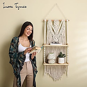 INOVA TYMES Macrame Wall Hanging Shelf 2 Tier - Boho Bedroom Decor | Macrame Wall Decor | Boho Shelf Decor, Hanging Shelves for Wall, Woven Rope Floating Wood Shelves & Storage for Small Plants Books