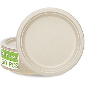 50 PCS Compostable Paper Plates, 9" Heavy Duty Disposable Plates, Biodegradable Sugarcane Fiber Natural Bagasse Party Plates Microwave Safe Dinner Plates Bulk for Daily Use Birthday Wedding Picnic
