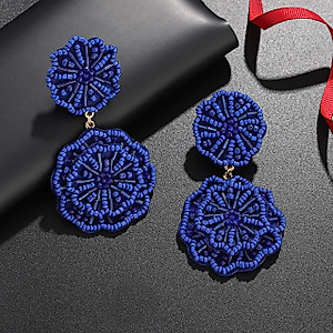 HSWE Statement Beaded Drop Earrings for Women Layered Bead Dangle Earrings (Blue)