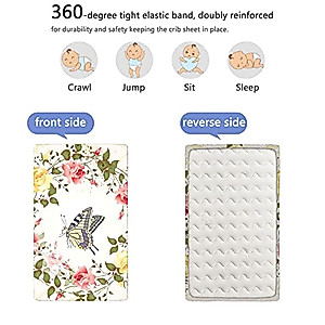 Rose Themed Fitted Mini Crib Sheets,Portable Mini Crib Sheets Soft Toddler Mattress Sheet Fitted-Crib Mattress Sheet or Toddler Bed Sheet,24“ x38“,Multicolor