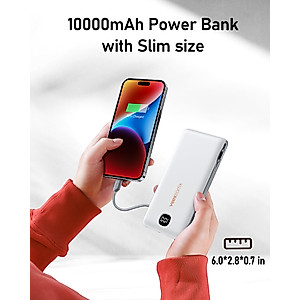 VEEKTOMX Power Bank with Built in Cables 22.5W 10000mAh, Portable Charger for iPhone with AC Wall Plug, Fast Charging USB C Slim iPhone Charger with LED Display Compatible with iPhone15/14/13, Samsung