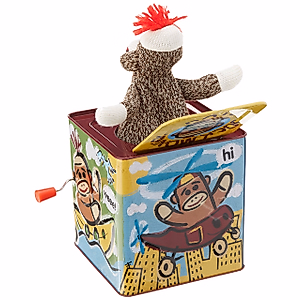 Sock Money Jack in the Box - Timeless Children's Musical Toy - Colorful Embossed Tin Box and Classic Sock Monkey Design - Age 18 months and Up