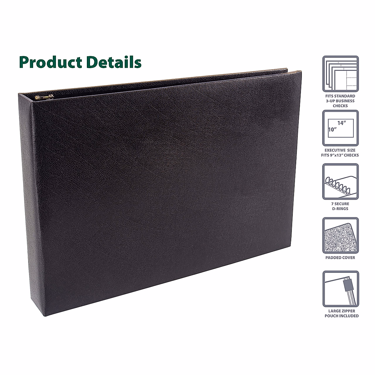 Better Office Products 7 Ring Executive Check Binder with Zipper Pouch, Black Textured Cover, for 9 x 13 3 Per Page Business Checks, 600 Check Capacity Checkbook Holder,