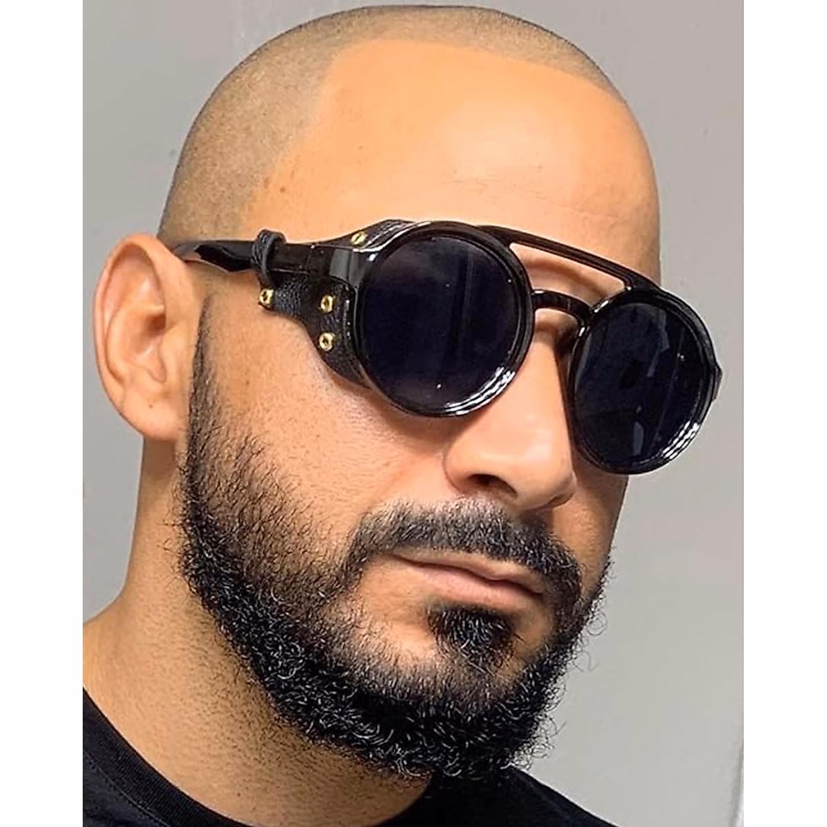 MUDIWRLO Polarized Round Steampunk Sunglasses with Leather Side Double Bridge Shield Retro Eyewear for Men Women(Black)