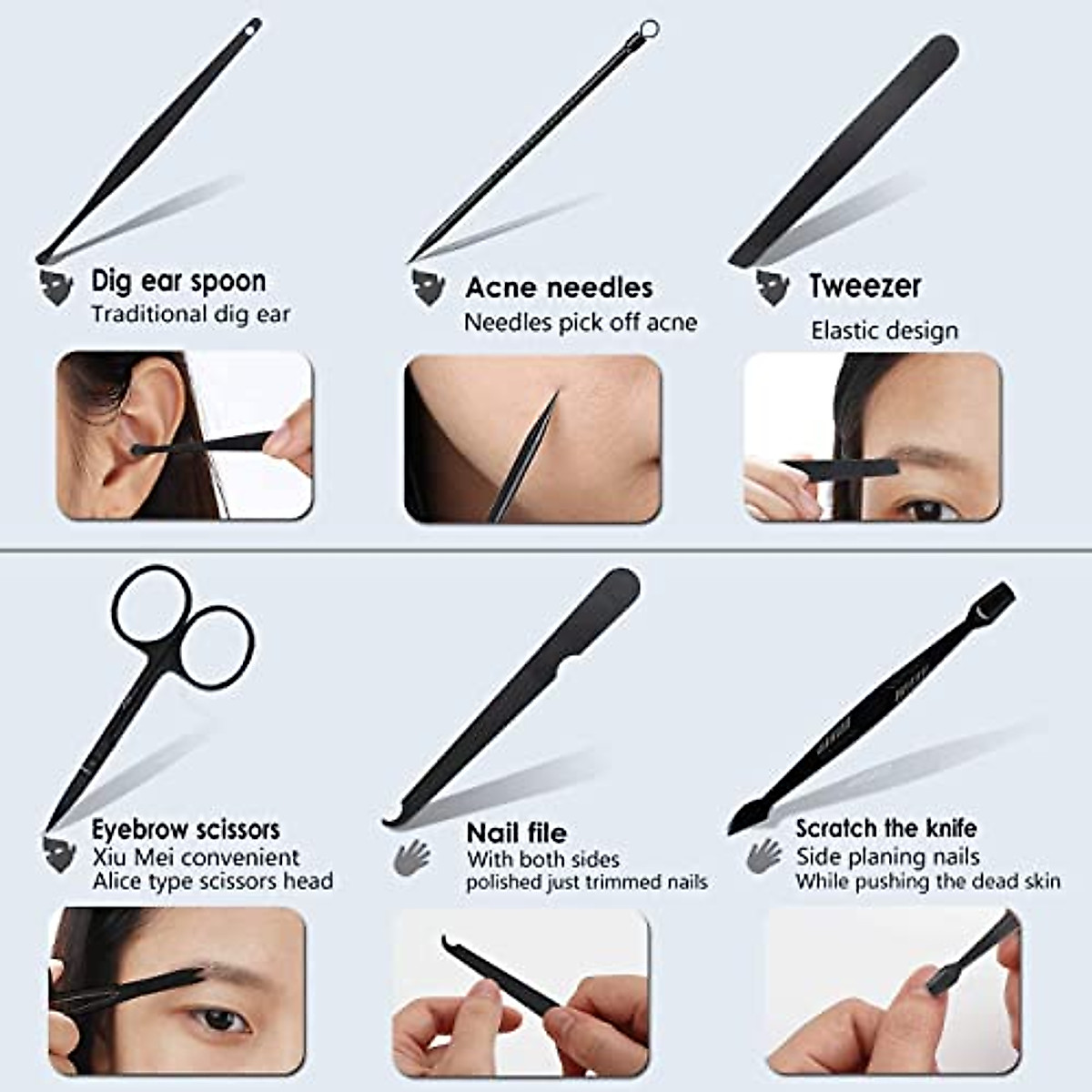 ONME Manicure Set, 15pcs Stainless Steel Nail Clipper Pedicure Professional Grooming Kit, Includes Cuticle Remover with Travel Case Beauty Care Tools Gift For Women Men (Black)